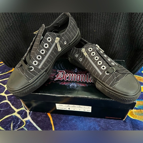 Demonia | Shoes | Demonia Cult Deviant6 Black Canvaswhite Pinstripes ...